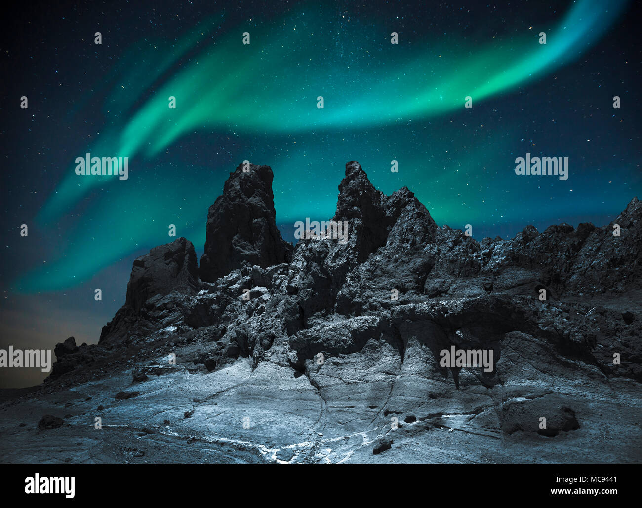 Northern lights in the mountains and plains, at night in the light of ...