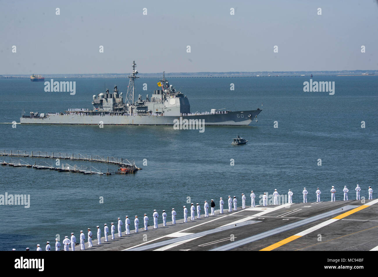 180411-N-UJ486-338 NORFOLK, Va. (Apr. 11, 2018) -- Sailors man the ...