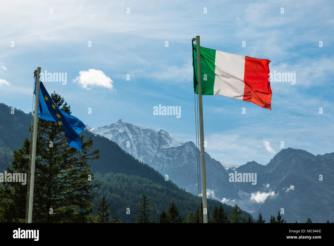 Italian Alps. Tourism concept on the Italian mountains. Italian flag ...