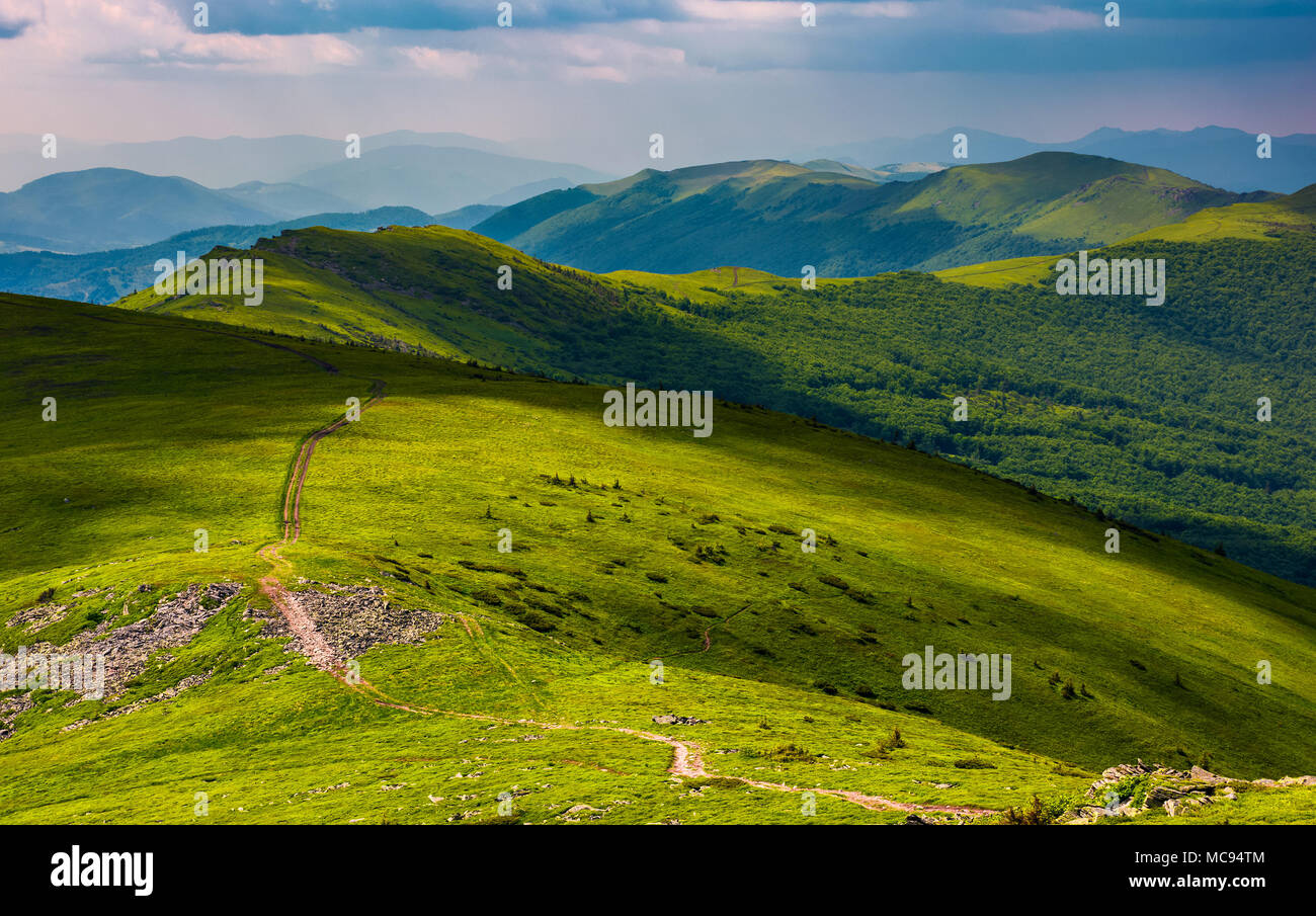 path through grassy meadow on hillside. beautiful summer landscape of ...