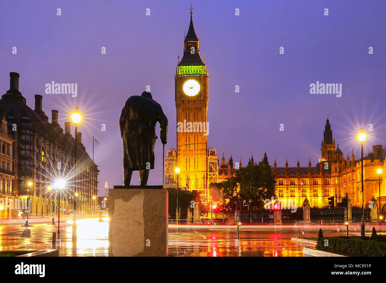 The Big Ben tower at rainy night, London, United Kingdom Stock Photo ...