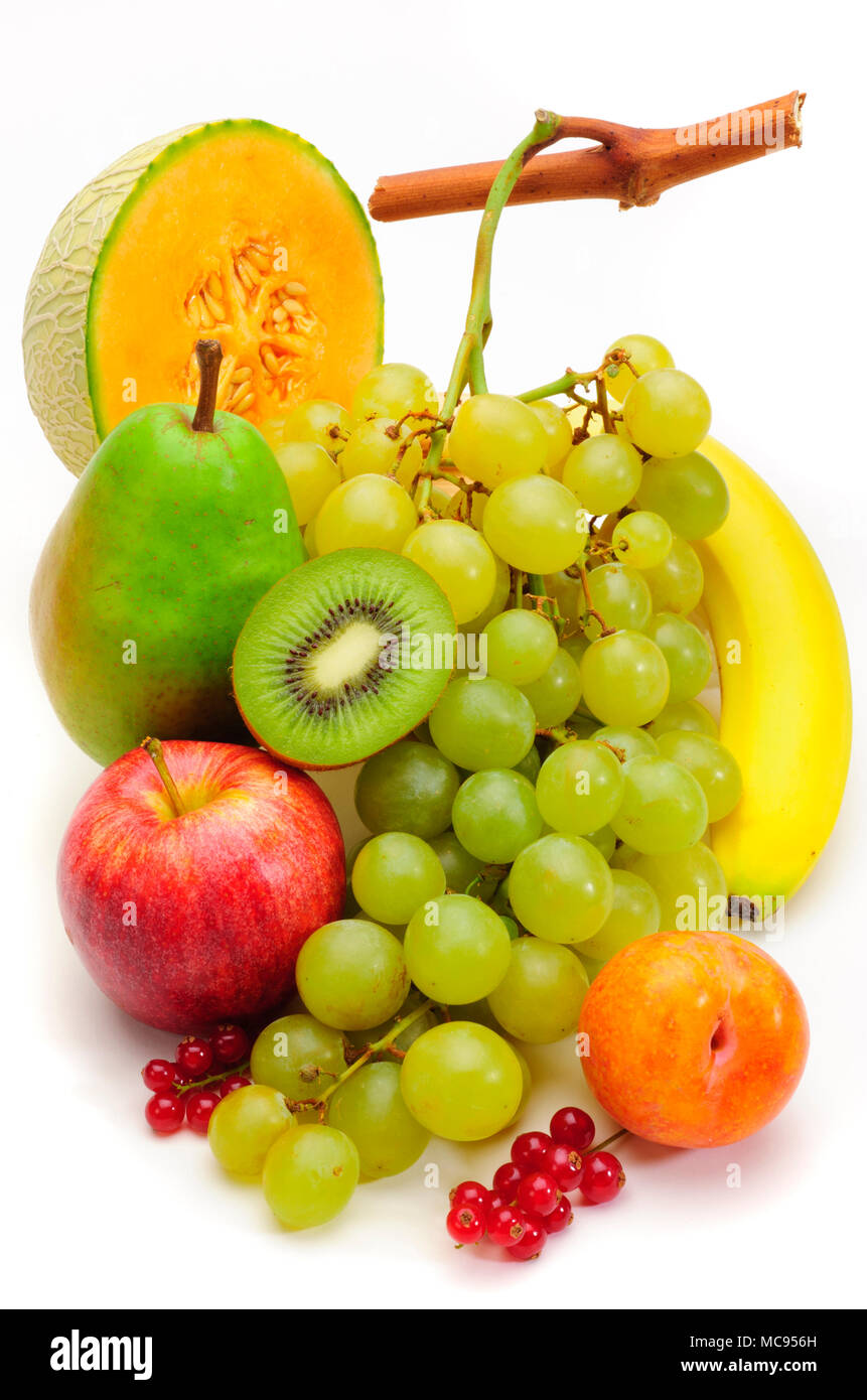 arrangement of fresh fruits from market and isolated over white ...