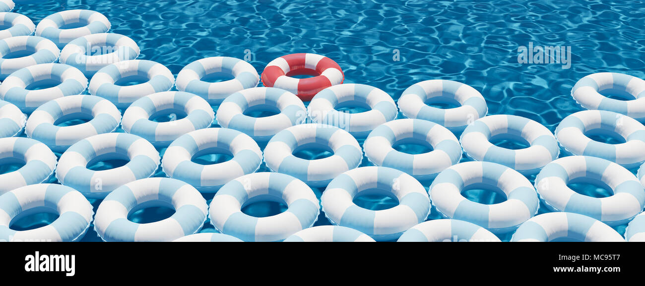 unique red float ring between blue float rings in pool. 3d rendering ...