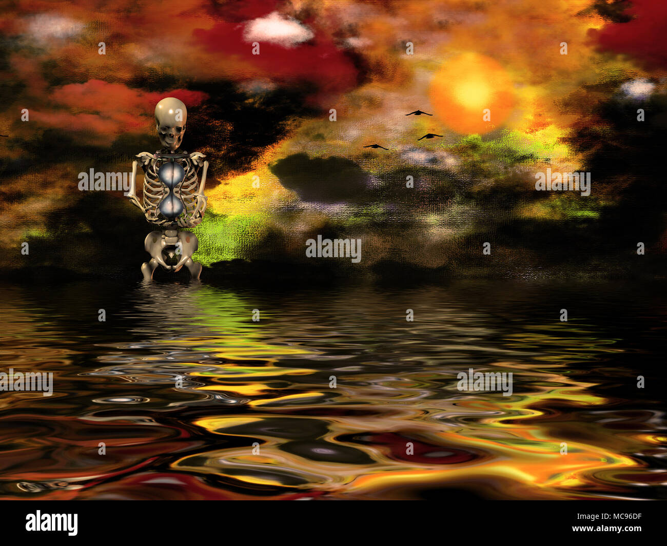 Surreal painting. Vivid sunset over water. Skeleton Stock Photo - Alamy