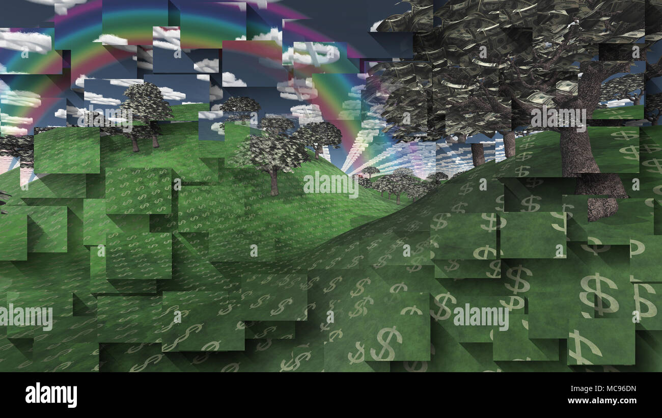 Surreal digital art. Landscape with currency elements. Trees with ...