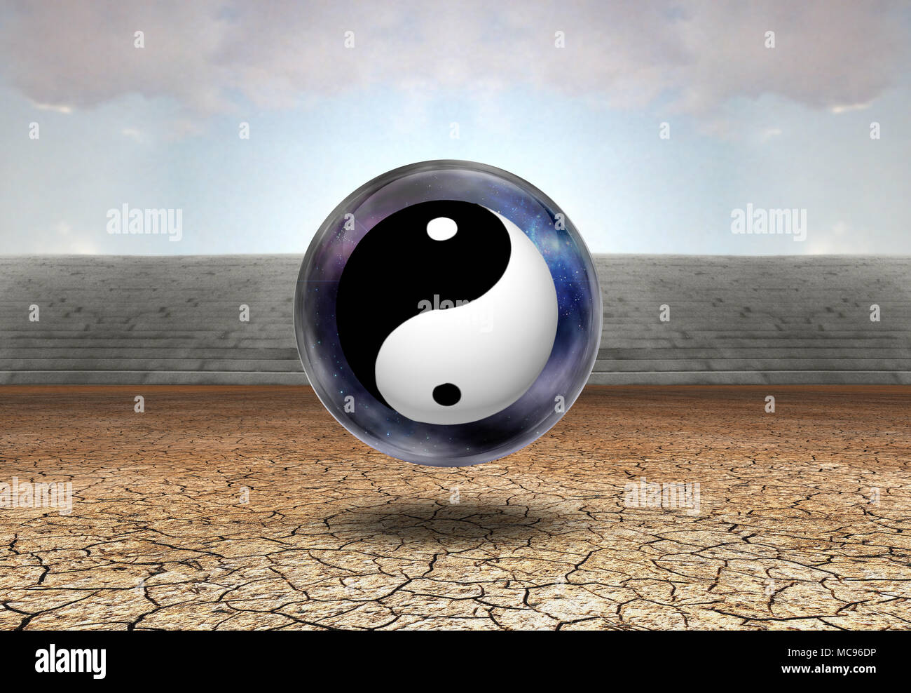 Surreal digital art. Yin-Yang inside space-bubble. Arid land Stock ...