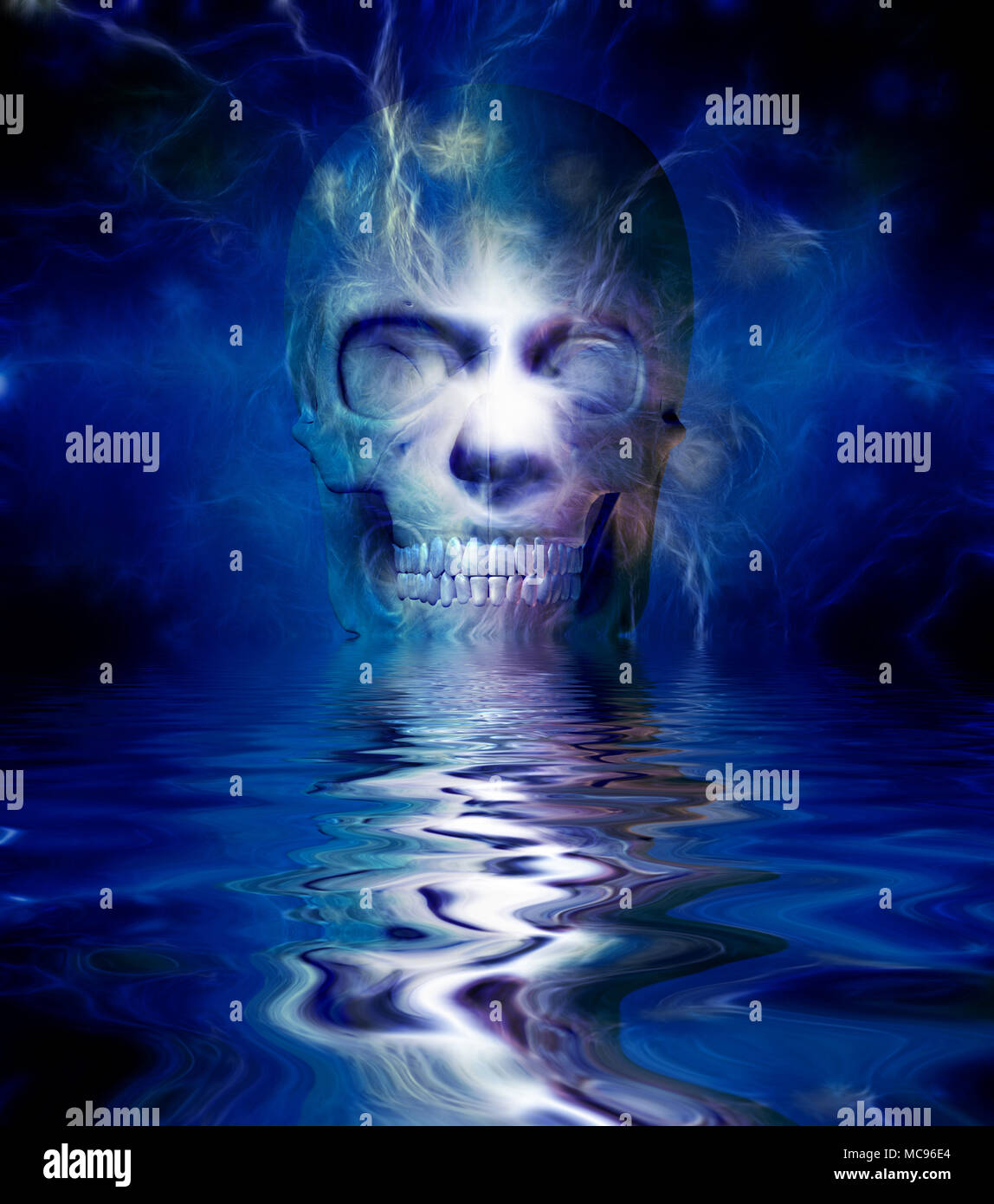 Human skull reflected in water Stock Photo - Alamy