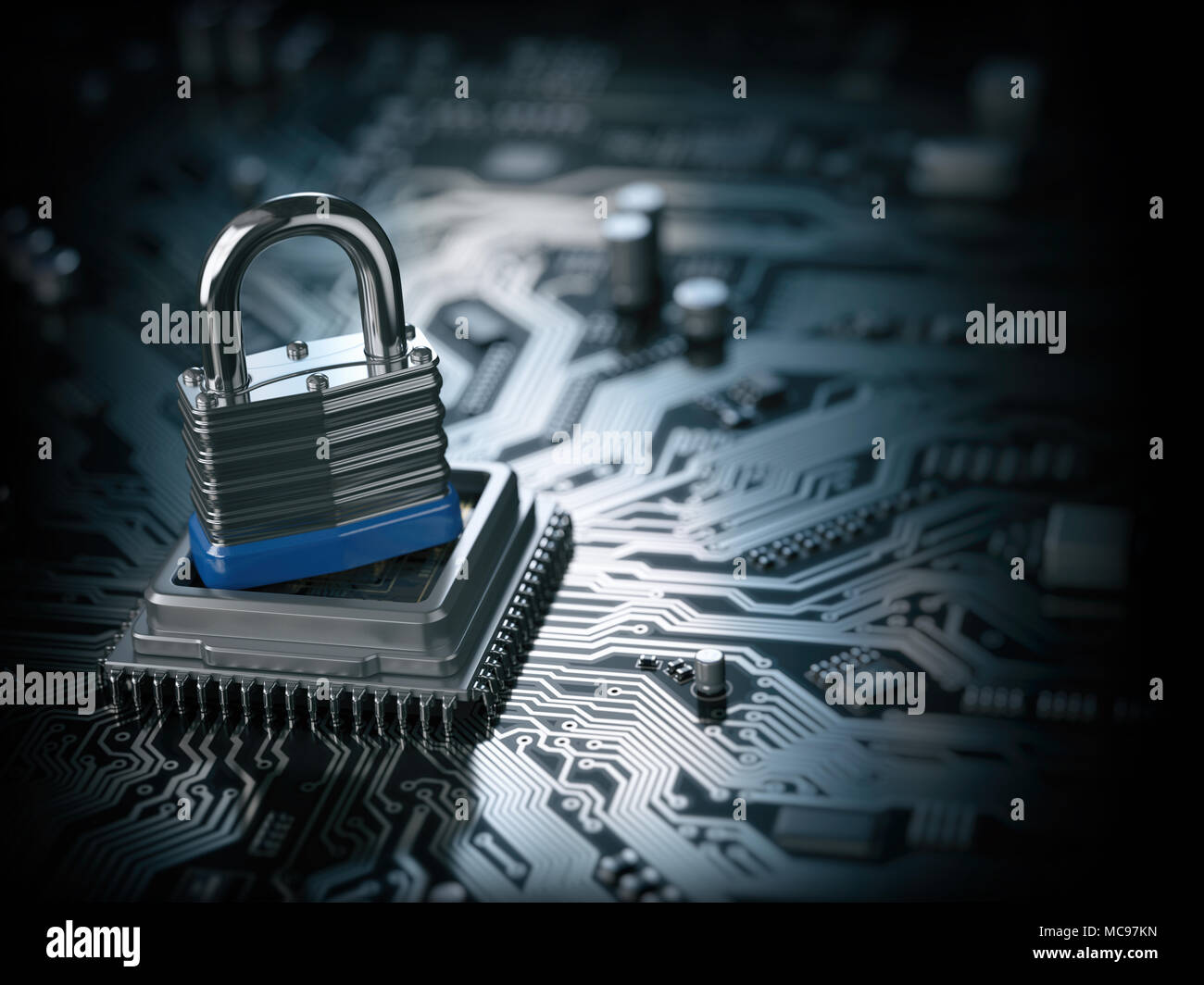 Padlock On Cpu Computer Circuit Board Lock Over The Motherboard