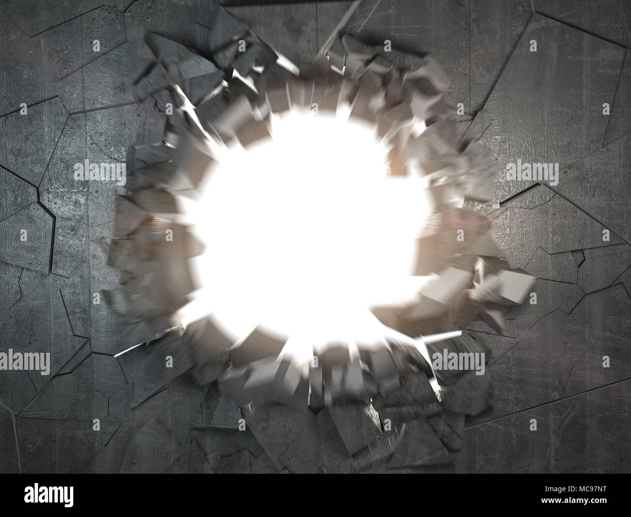 Cracked broken concrete wall with explosion hole and debris. Abstract ...