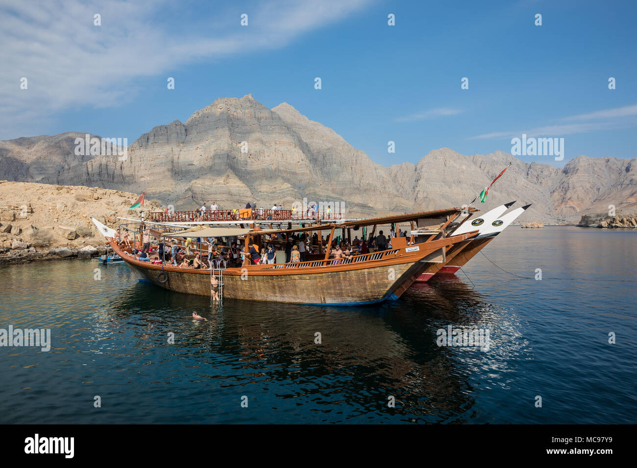 MUSANDAM, OMAN - JANUARY 25, 2017: Dhow tourist cruise on the Fjords ...