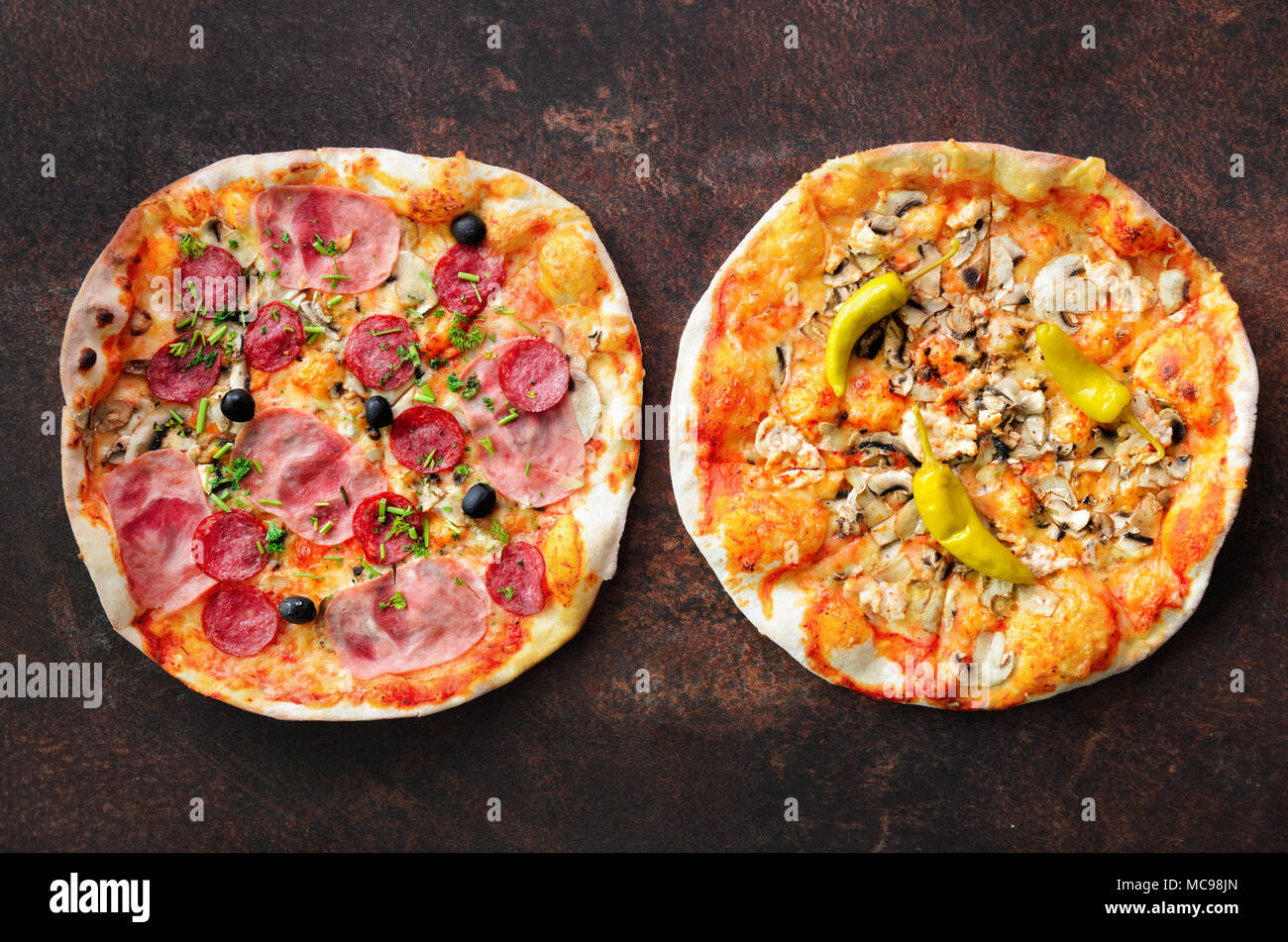 Homemade pizza. Top view with copy space on dark stone table Stock ...