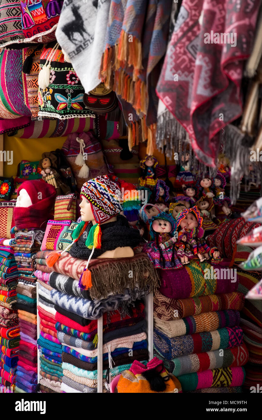 Colorful traditional peruvian fabrics on the market in Cusco, Peru ...