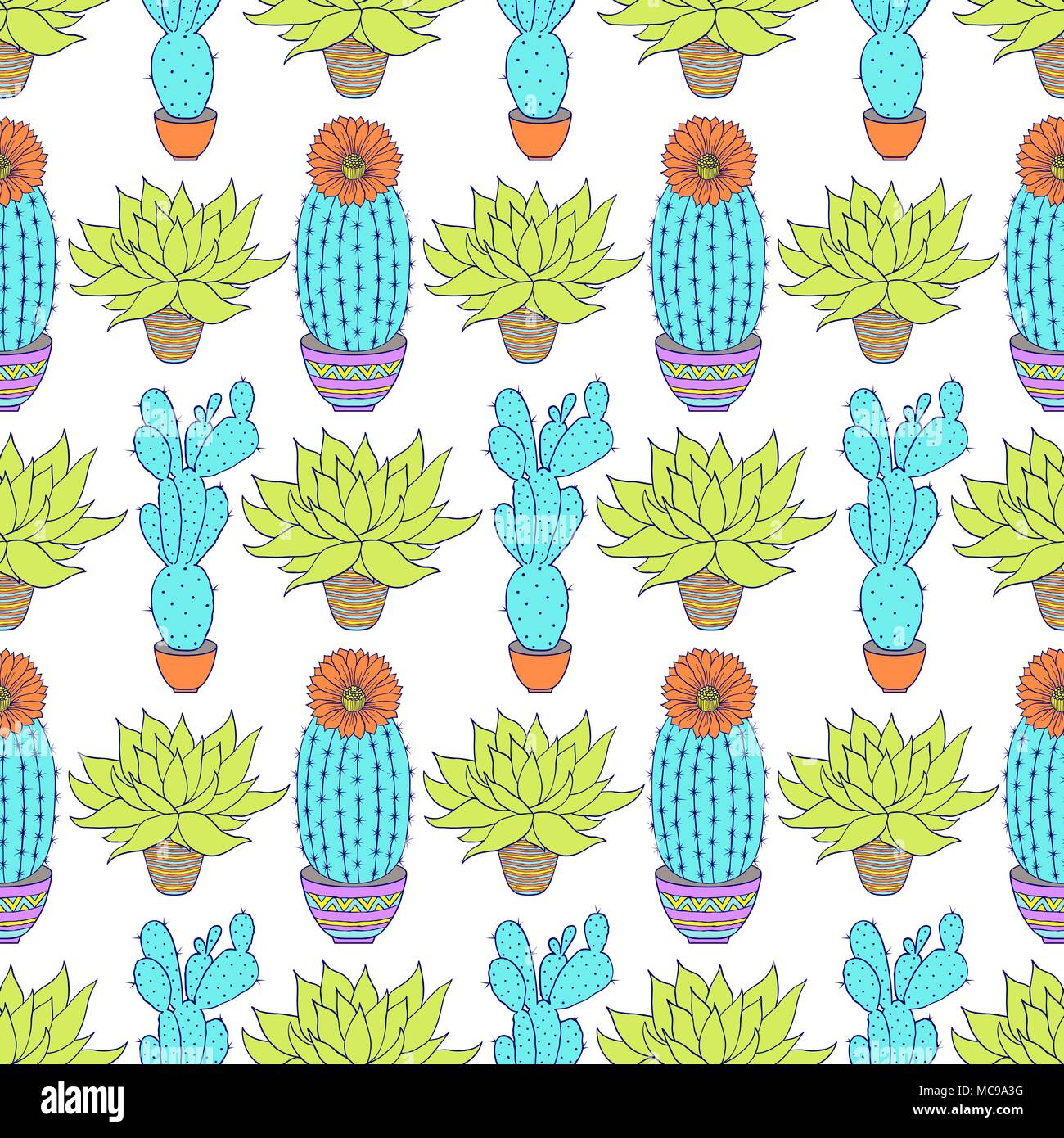 Seamless pattern with colorful hand drawn cactuses.Vector illustration Stock Vector Image & Art ...
