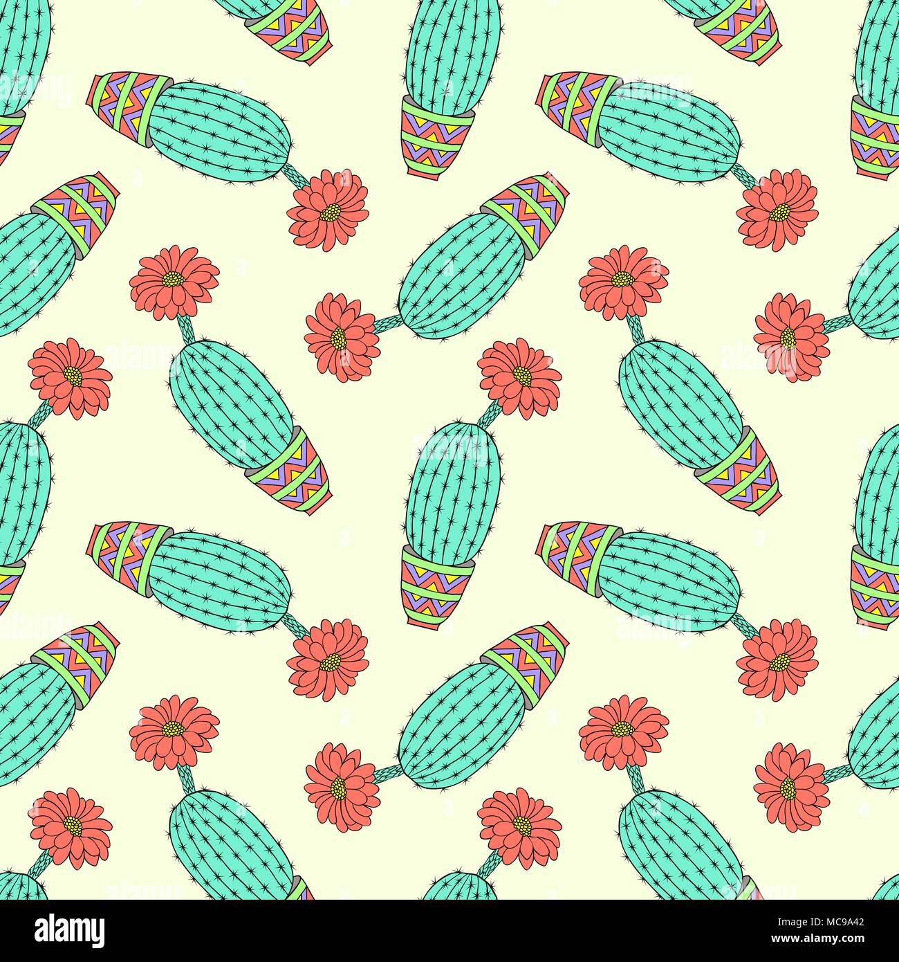 Seamless pattern with colorful hand drawn cactuses.Vector illustration ...