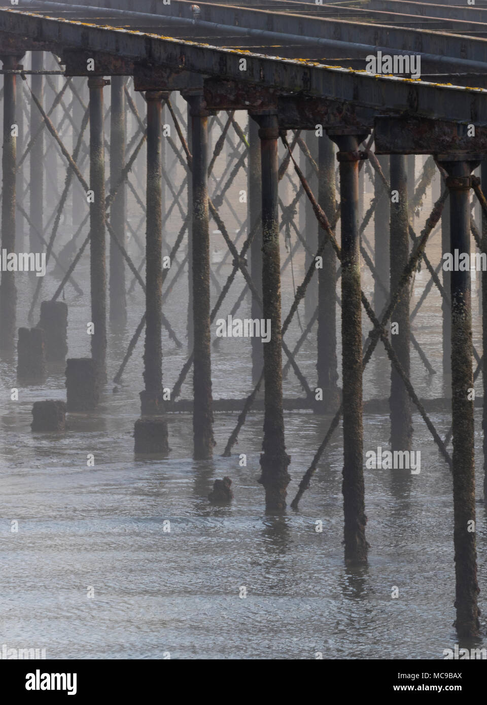 The cast iron piles on of a rusty old pier or jetty at Ryde on the Isle ...