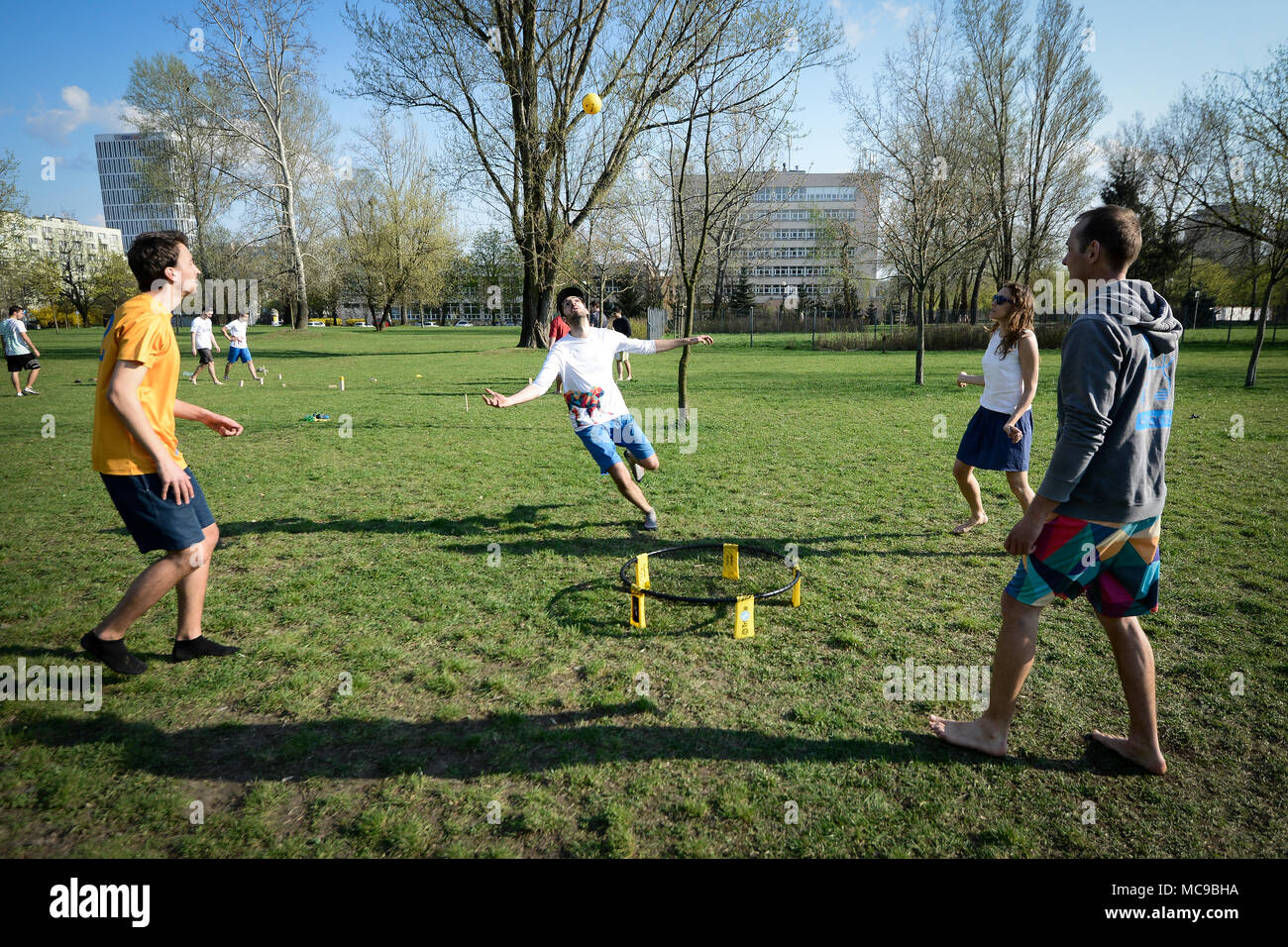 People are seen playing roundnet or spikeball as it is alos known in ...