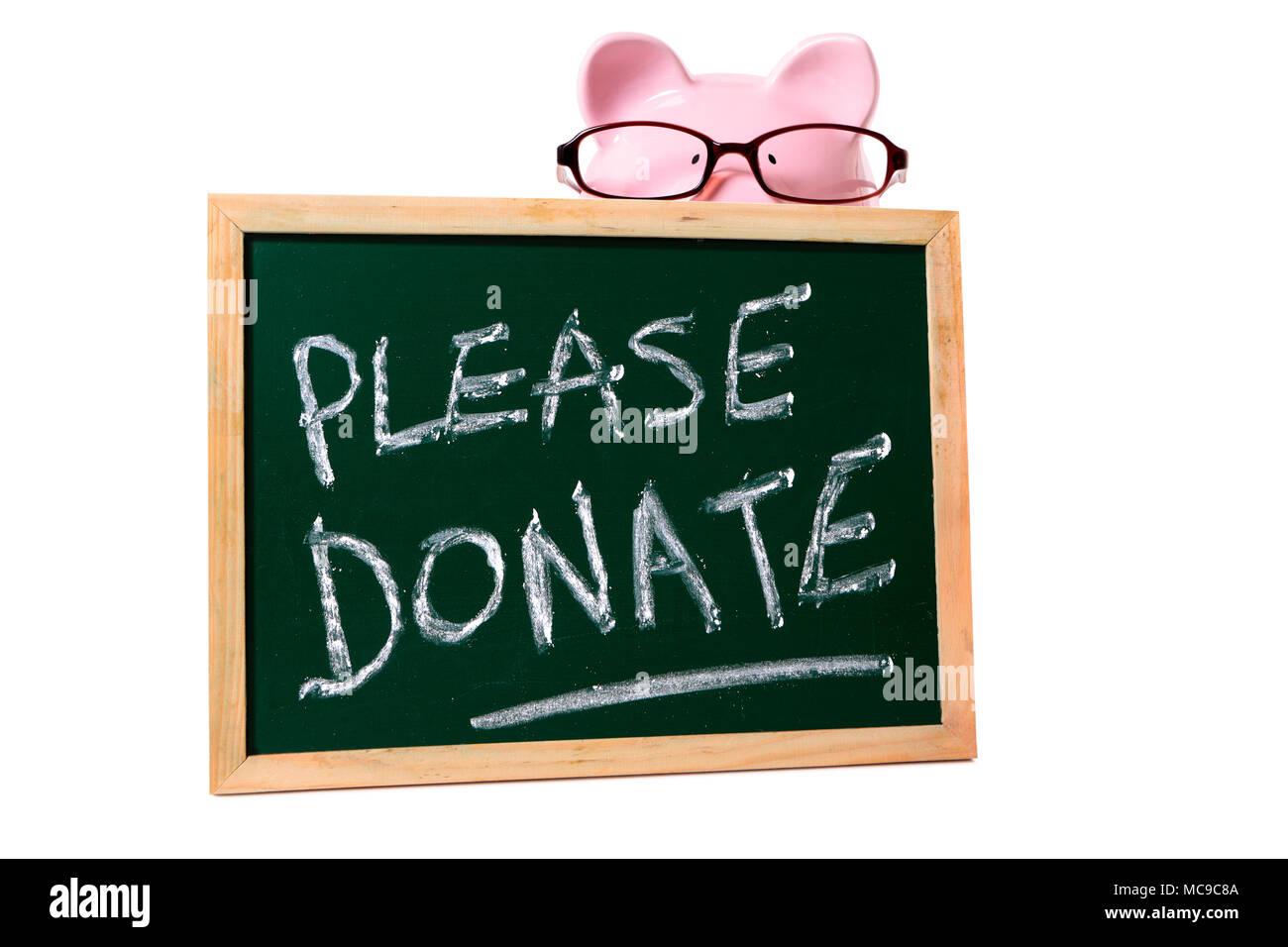 Charity donation box message, piggy bank wearing glasses, isolated on ...