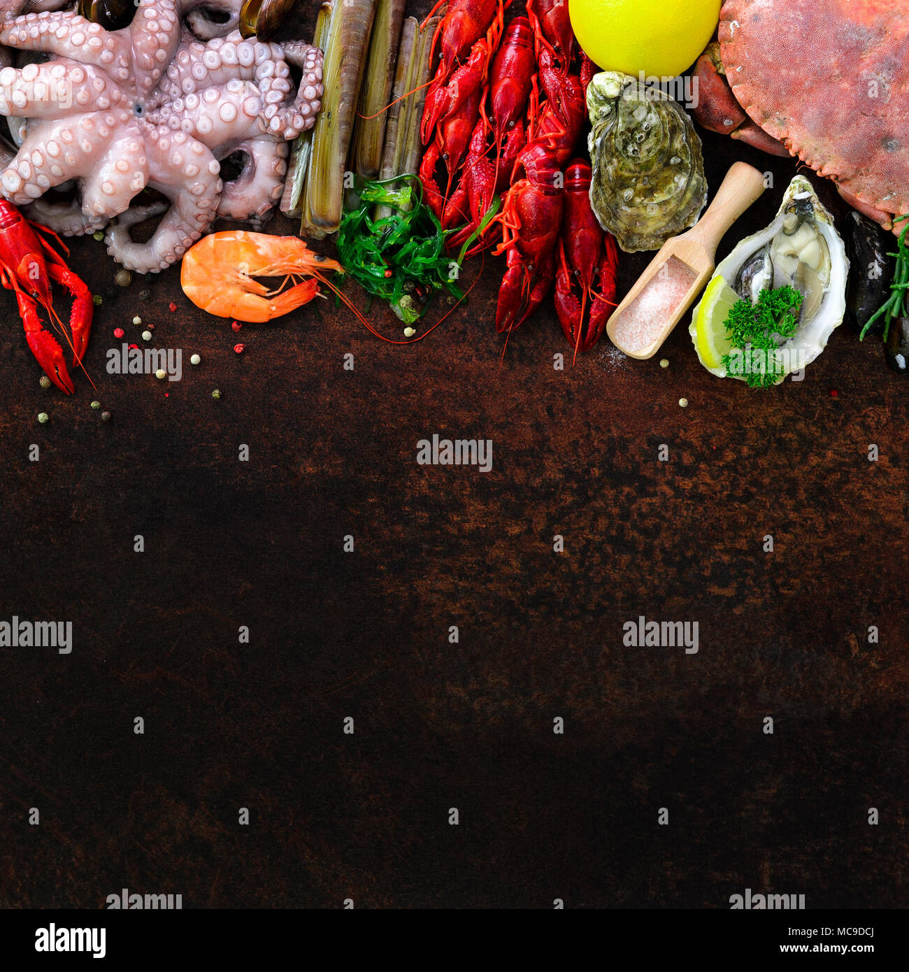 Seafood background - fresh mussels, molluscs, oysters, octopus, razor ...