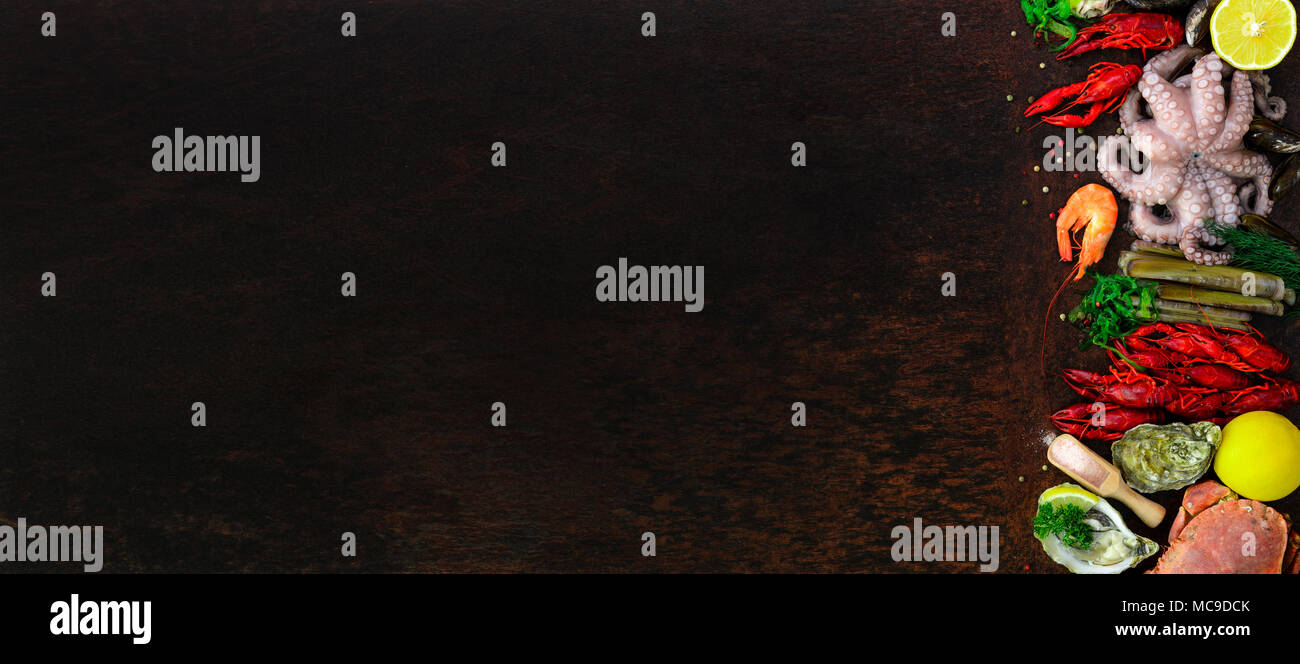 Seafood background - fresh mussels, molluscs, oysters, octopus, razor ...