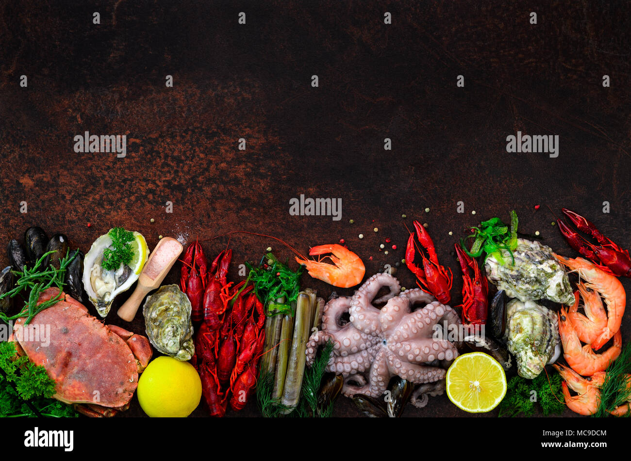 Seafood background - fresh mussels, molluscs, oysters, octopus, razor ...