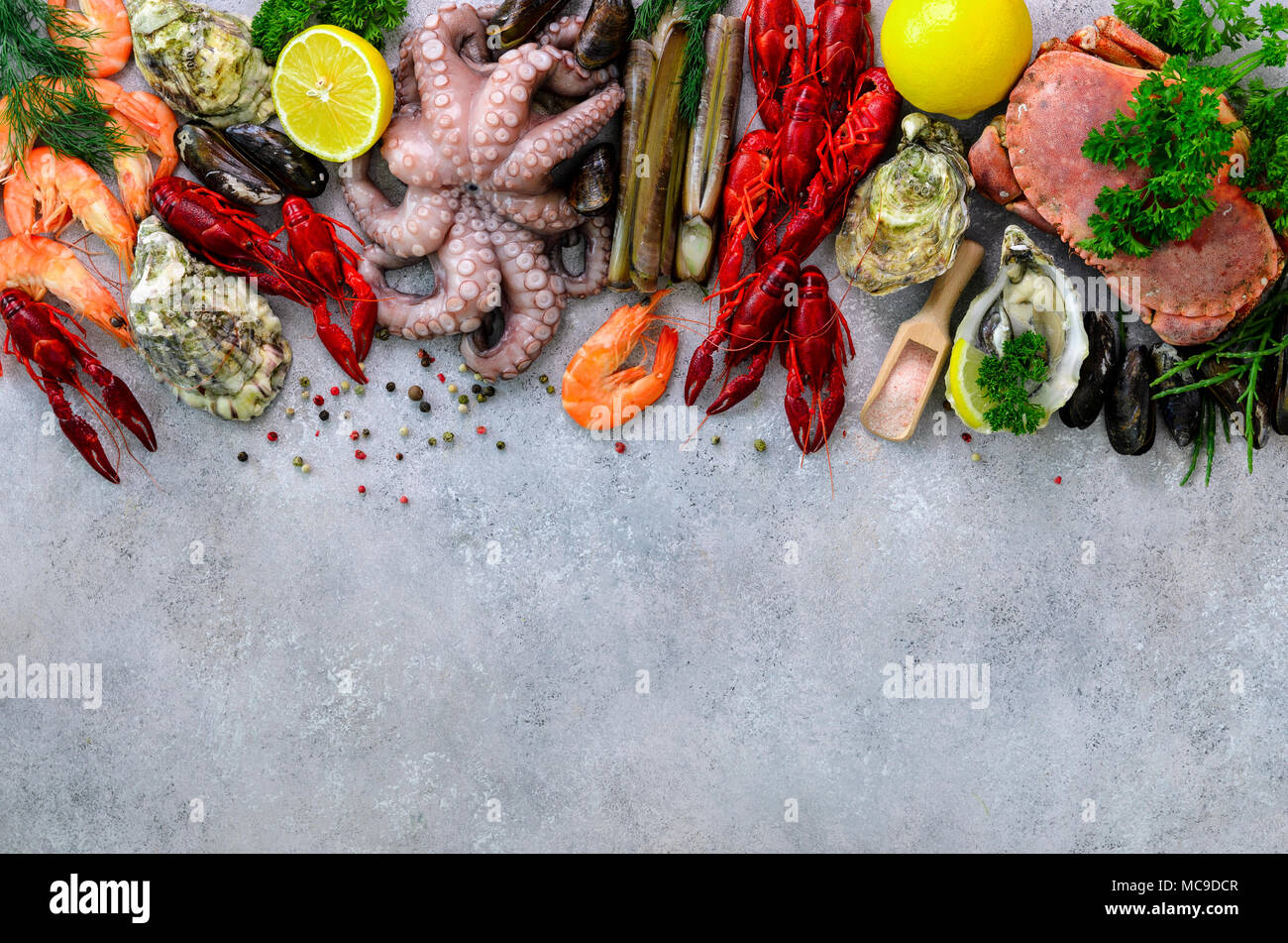 Seafood background - fresh mussels, molluscs, oysters, octopus, razor ...