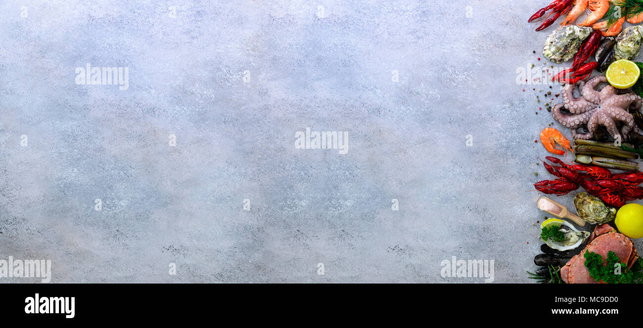 Seafood background - fresh mussels, molluscs, oysters, octopus, razor ...