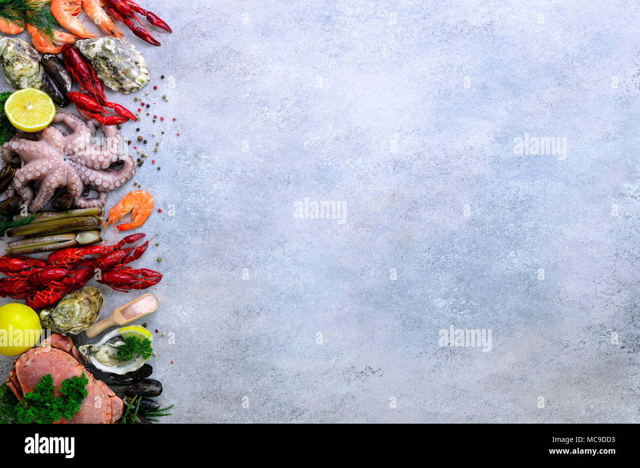 Seafood background - fresh mussels, molluscs, oysters, octopus, razor ...