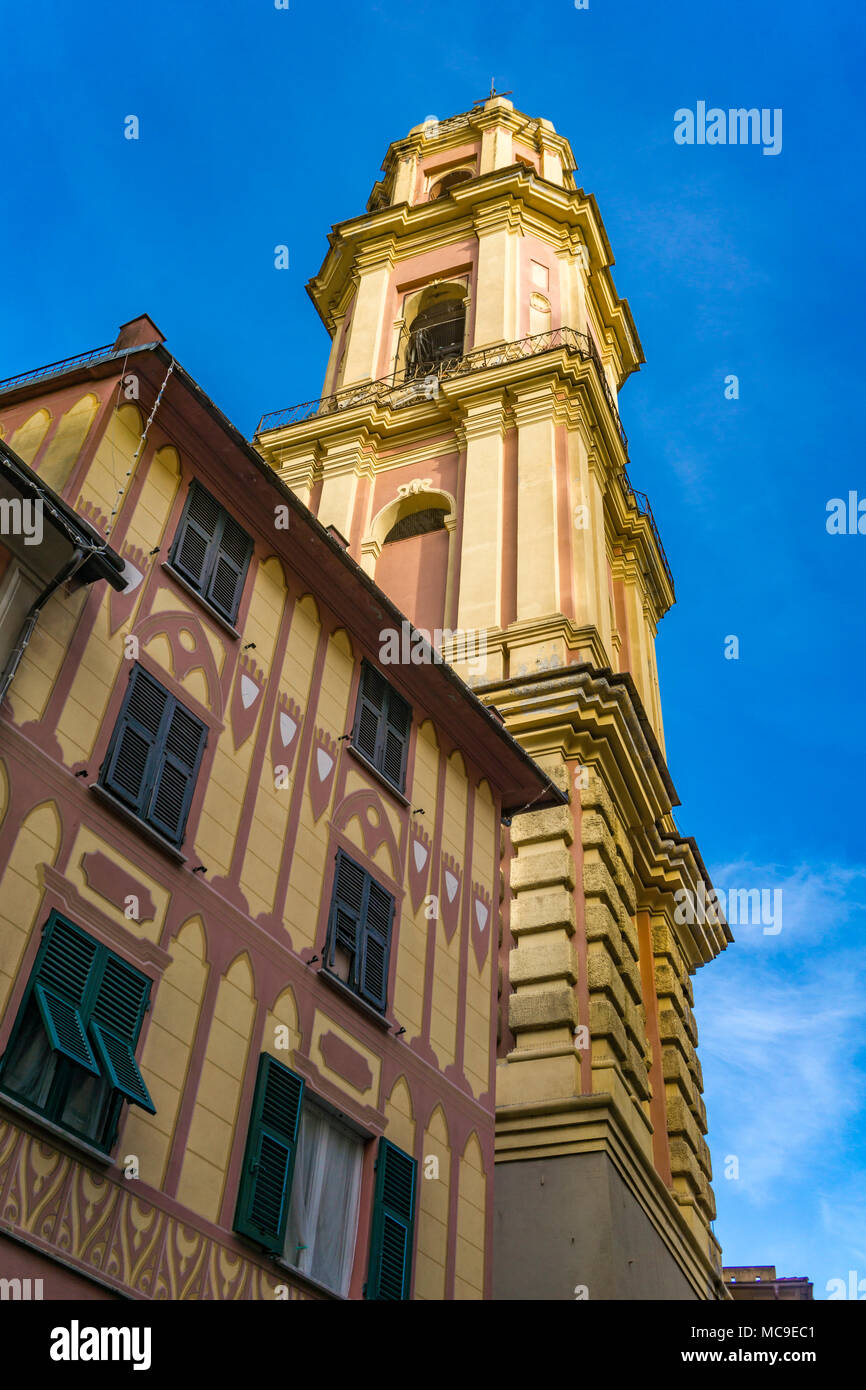 Bell tower of the basilica of San Gervasio e Protasio in Rapallo, Italy ...