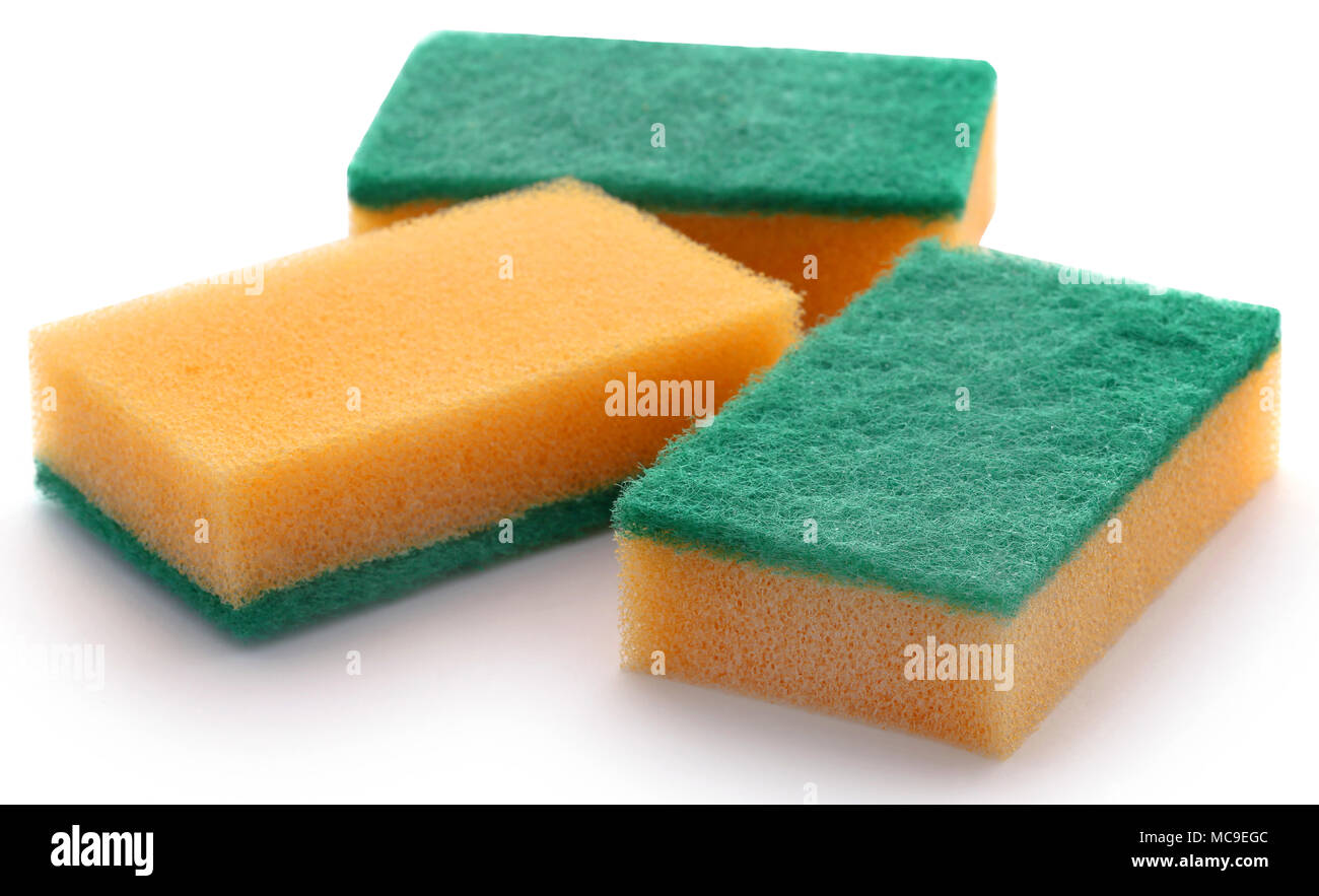 Kitchen sponge with scotch brite over white background Stock Photo - Alamy