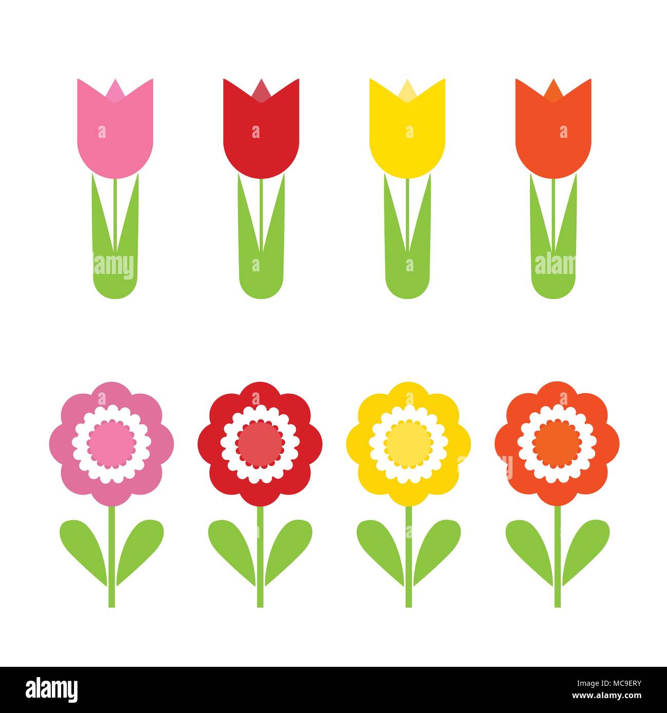 Set of flat design flowers of different colors, vector isolated on ...