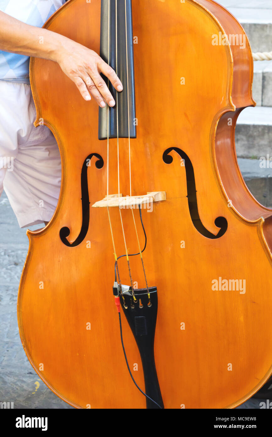 Classical music professional cello player outdoor, hands close up ...