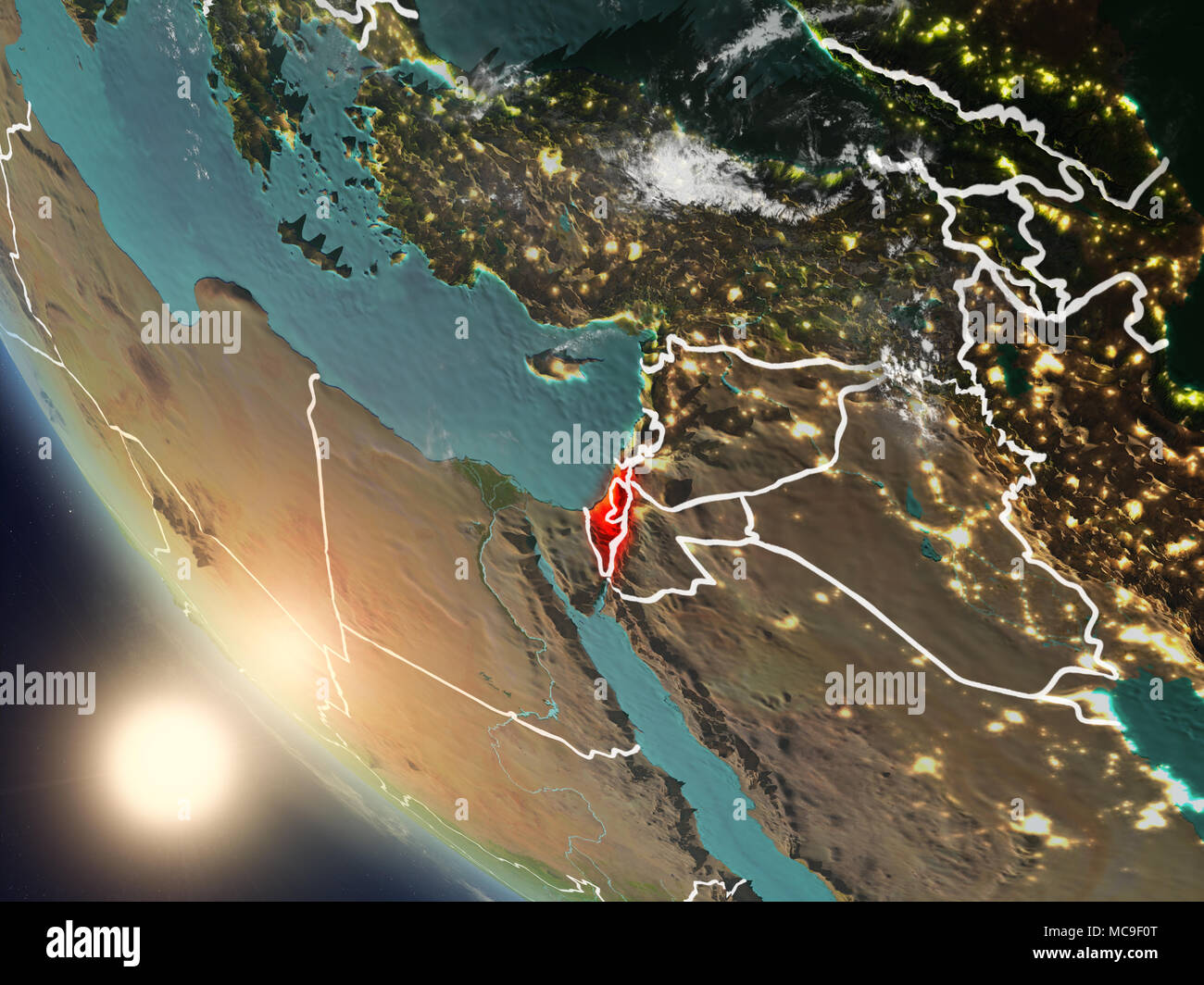 Illustration of Israel as seen from Earth’s orbit during sunset with ...