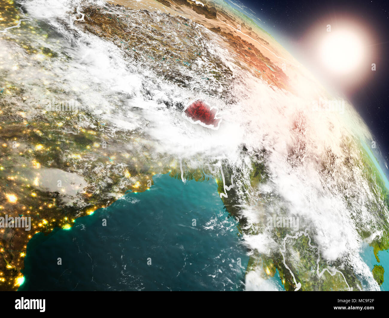 Sunset above Bhutan from space on planet Earth with visible country ...
