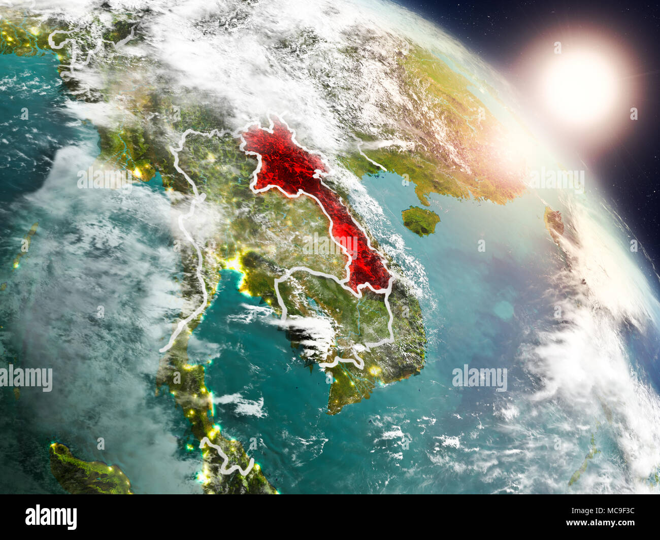 Sunset above Laos from space on planet Earth with visible country ...