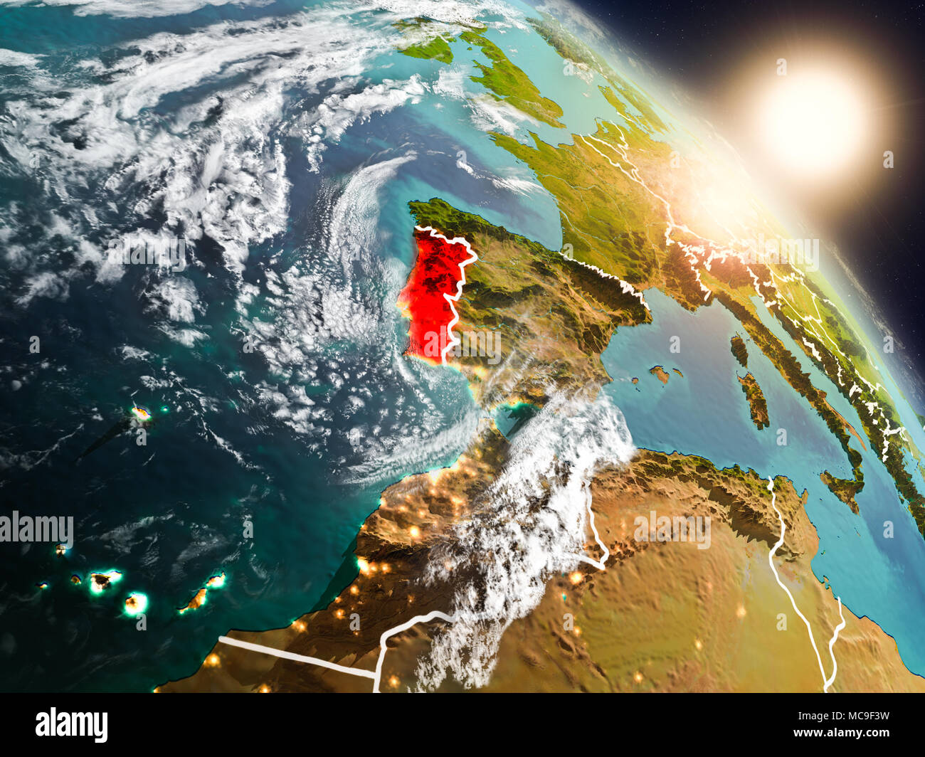 Sunset above Portugal from space on planet Earth with visible country ...