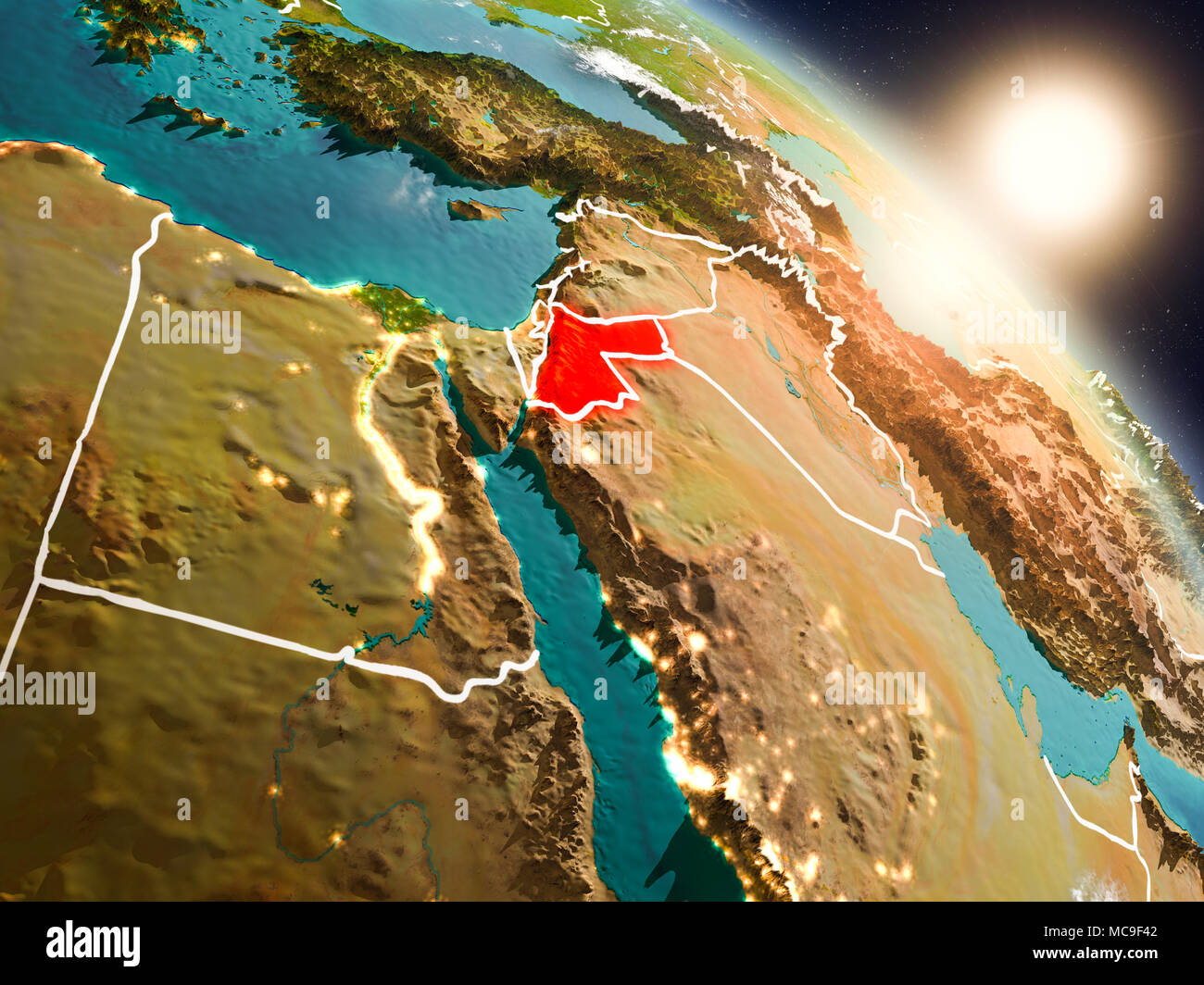 Sunset above Jordan from space on planet Earth with visible country ...