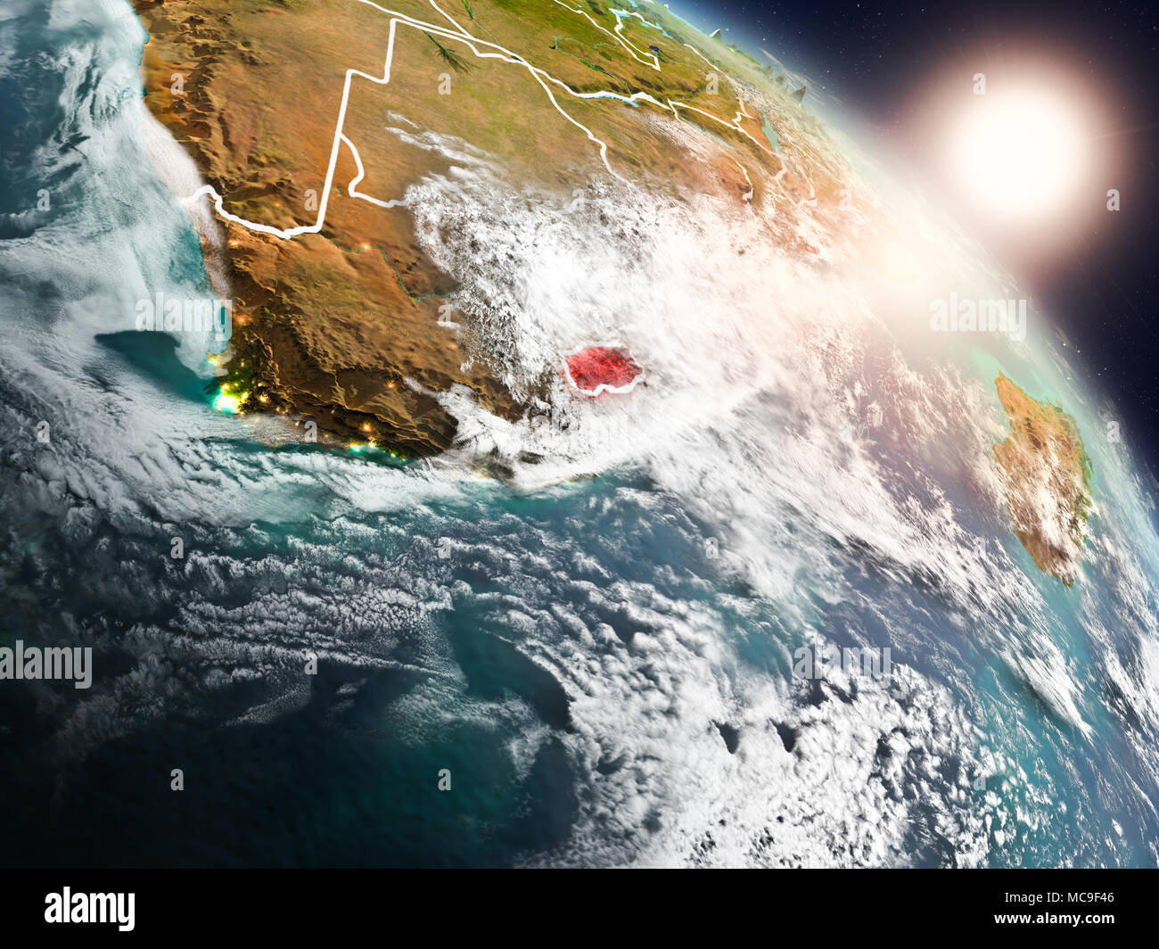 Sunset above Lesotho from space on planet Earth with visible country ...