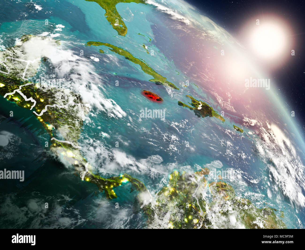 Sunset above Jamaica from space on planet Earth with visible country ...
