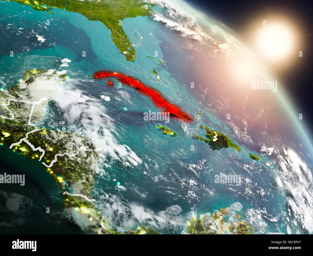 Sunset above Cuba from space on planet Earth with visible country ...