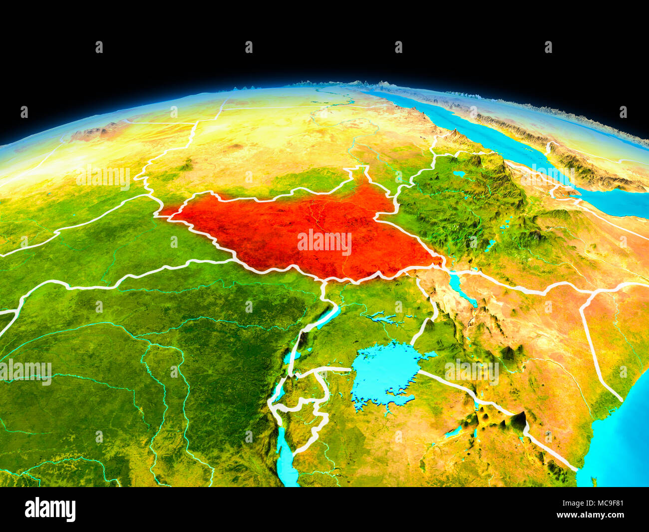 Satellite view of South Sudan highlighted in red on planet Earth with borderlines. 3D ...