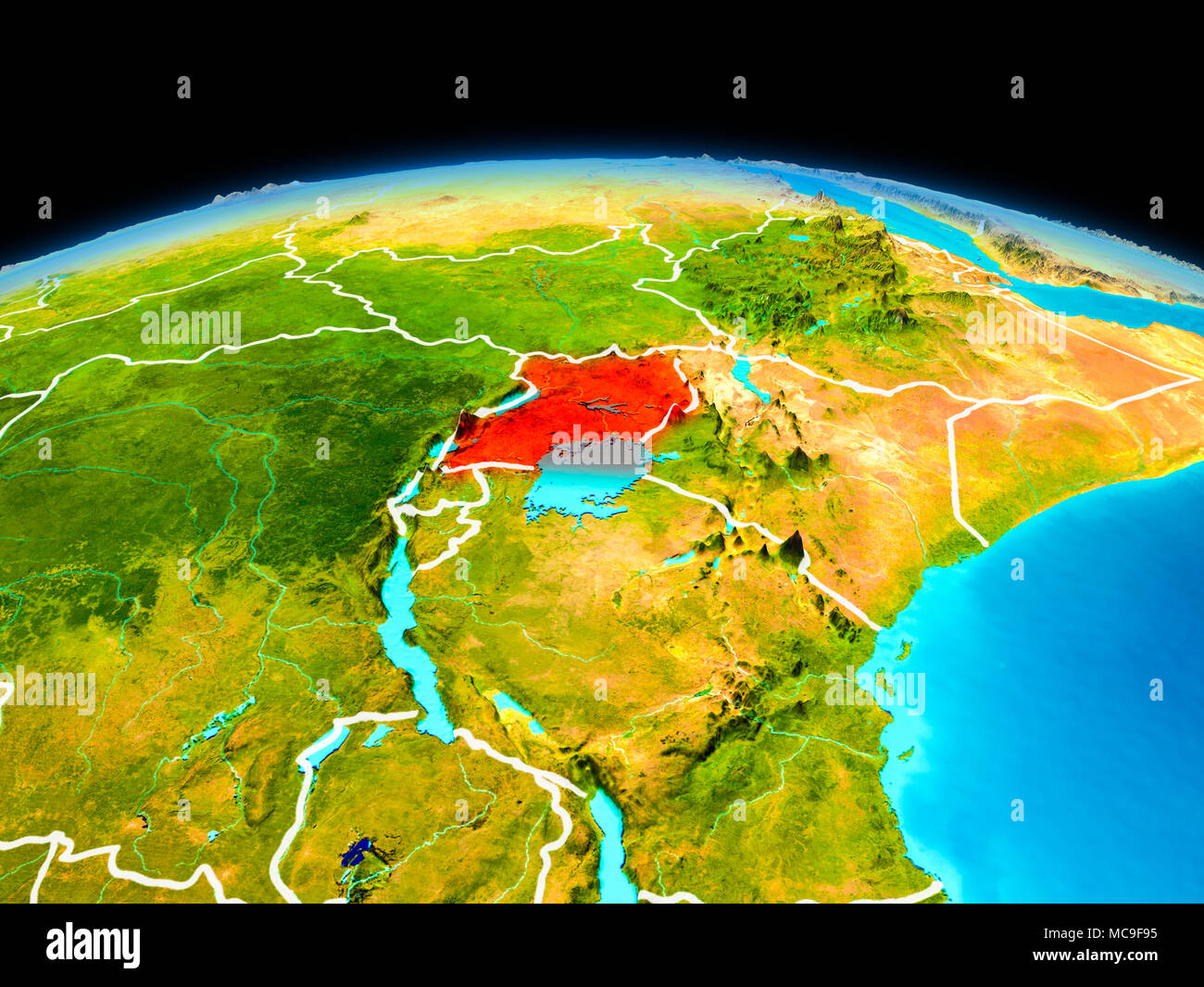 Satellite view of Uganda highlighted in red on planet Earth with ...