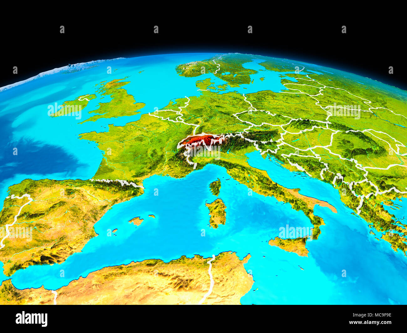 Satellite view of Switzerland highlighted in red on planet Earth with ...