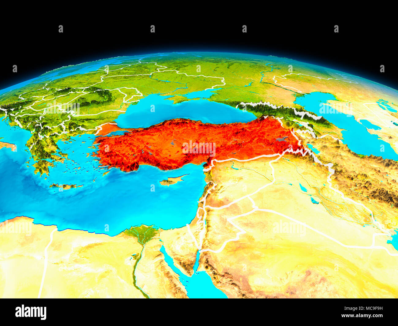 Satellite view of Turkey highlighted in red on planet Earth with ...