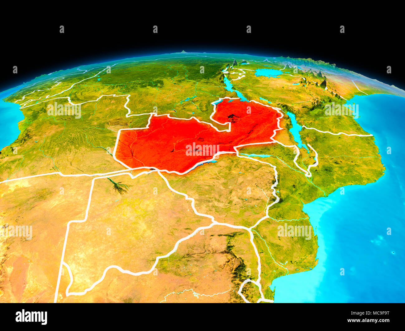 Satellite view of Zambia highlighted in red on planet Earth with borderlines. 3D illustration ...