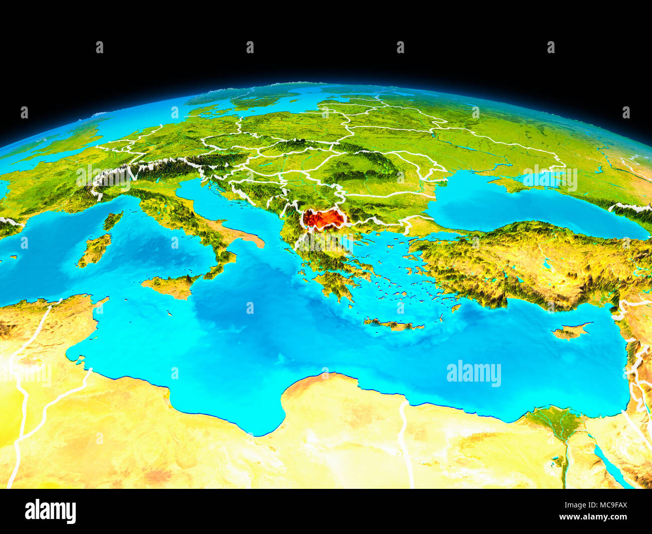 Satellite view of Macedonia highlighted in red on planet Earth with ...