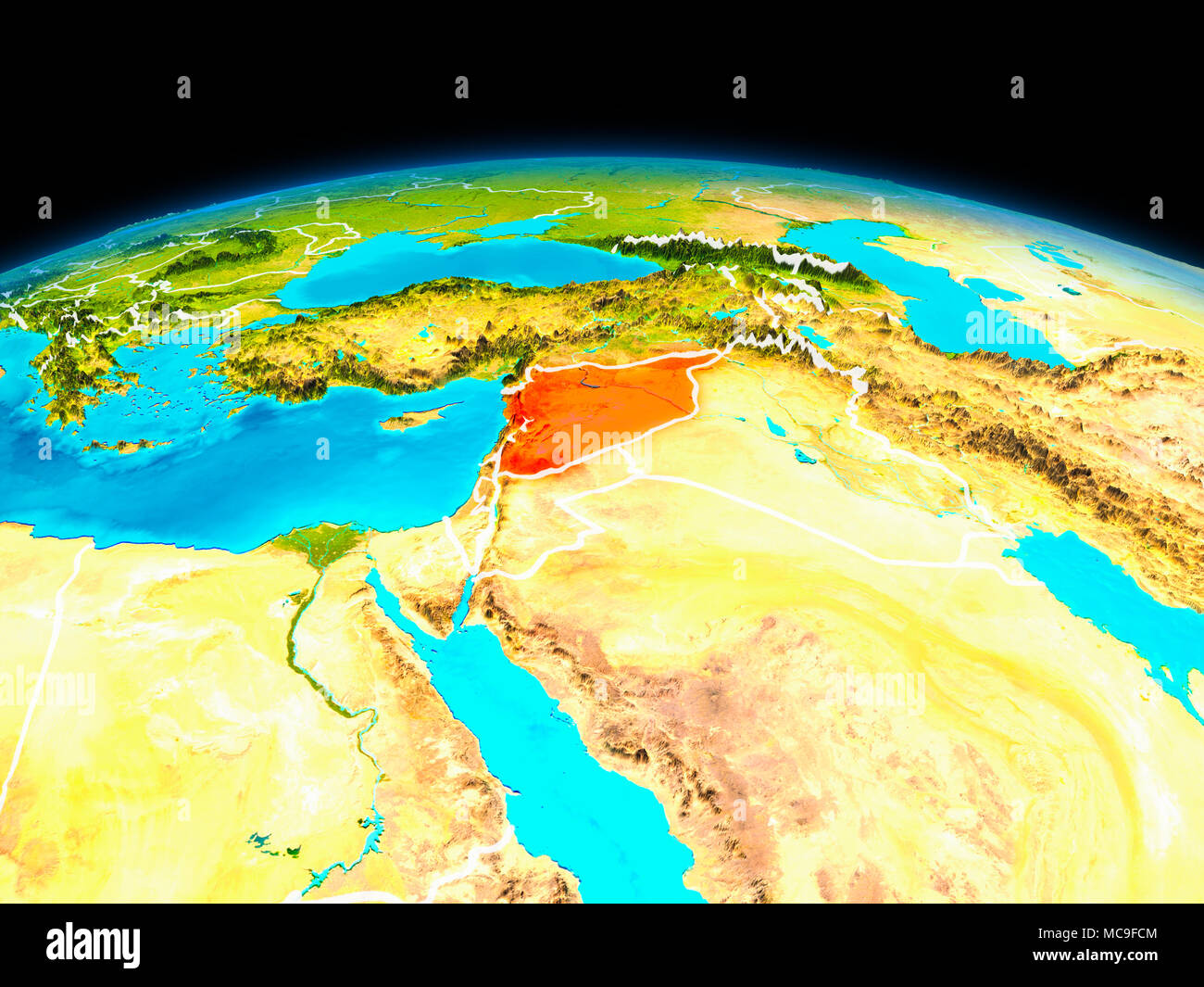 Satellite view of Syria highlighted in red on planet Earth with ...