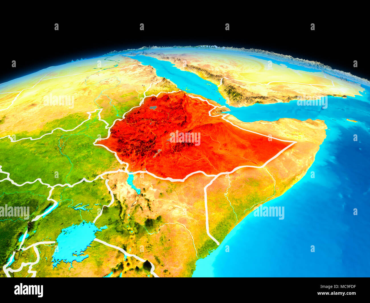 Satellite view of Ethiopia highlighted in red on planet Earth with borderlines. 3D illustration ...