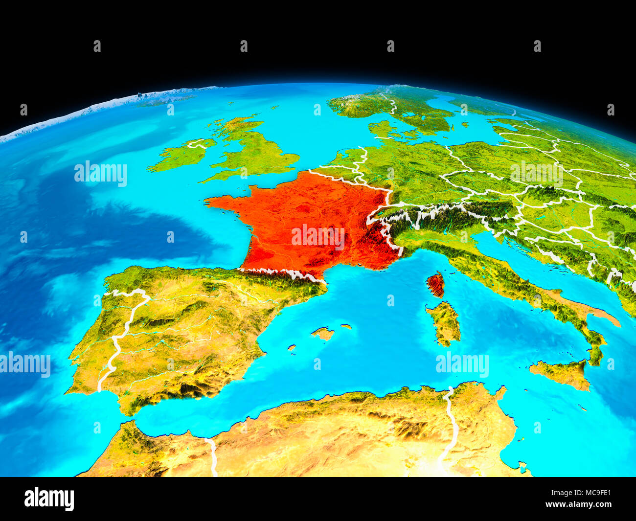 Satellite view of France highlighted in red on planet Earth with ...