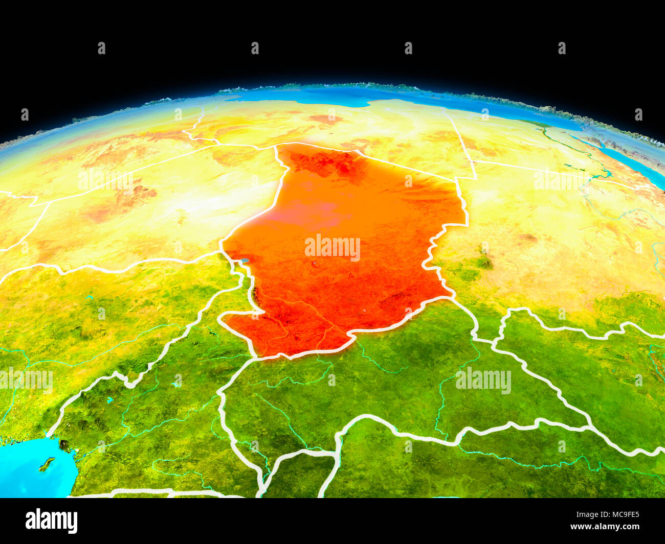 Satellite view of Chad highlighted in red on planet Earth with borderlines. 3D illustration ...