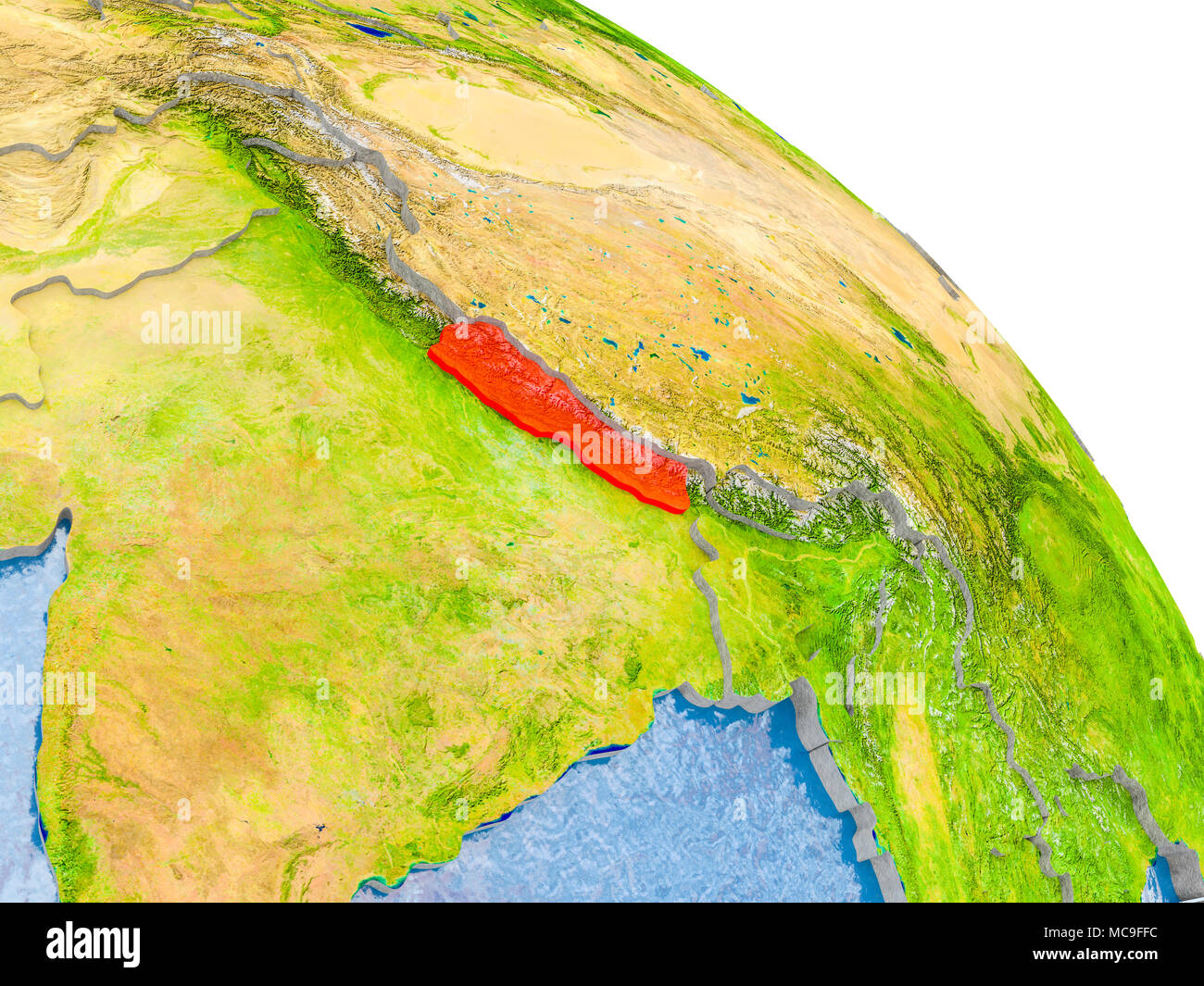 Illustration of Nepal highlighted in red on glob with realistic surface ...